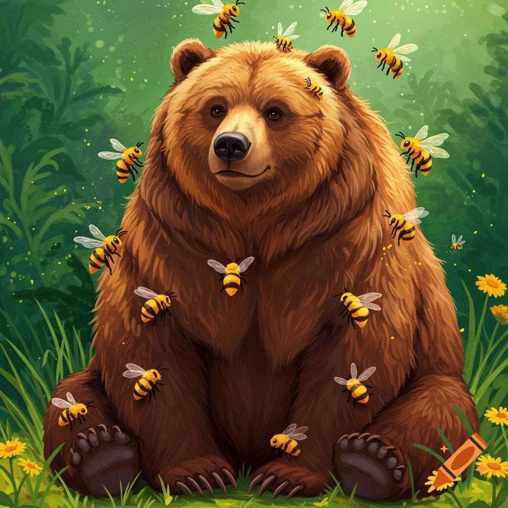 Bear surrounded by honey bees on Craiyon