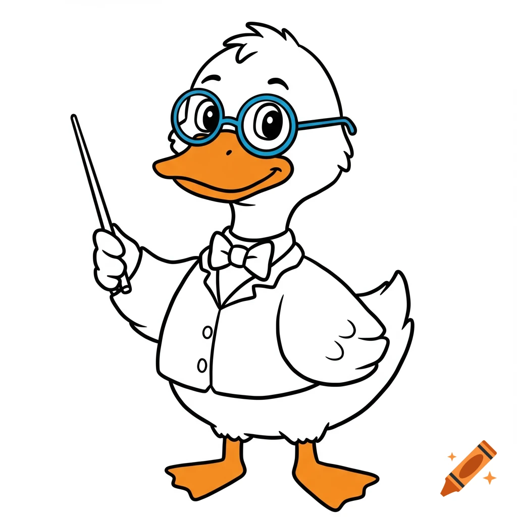 Cartoon duck teacher wearing glasses and a bow tie, holding a pointer ...