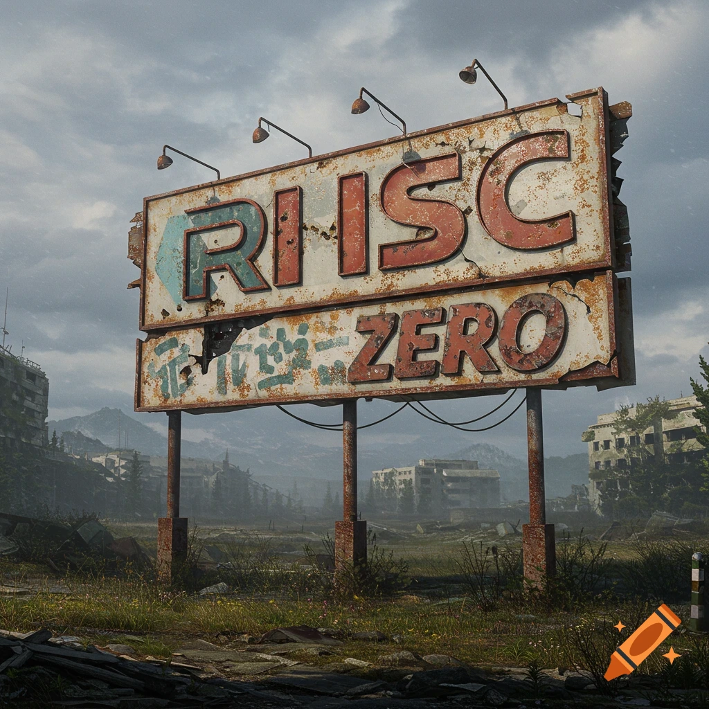 Weathered RISC Zero company sign after an apocalypse on Craiyon