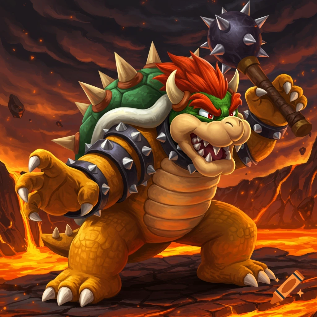 A powerful cartoon reptile king resembling Bowser, wearing a crown and ...