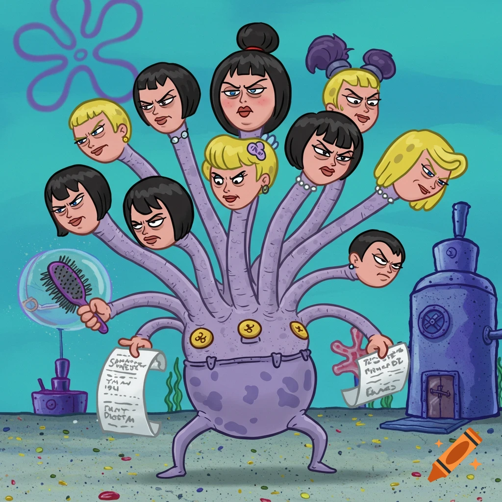 Cartoon multi-headed creature in a Spongebob style underwater scene on ...