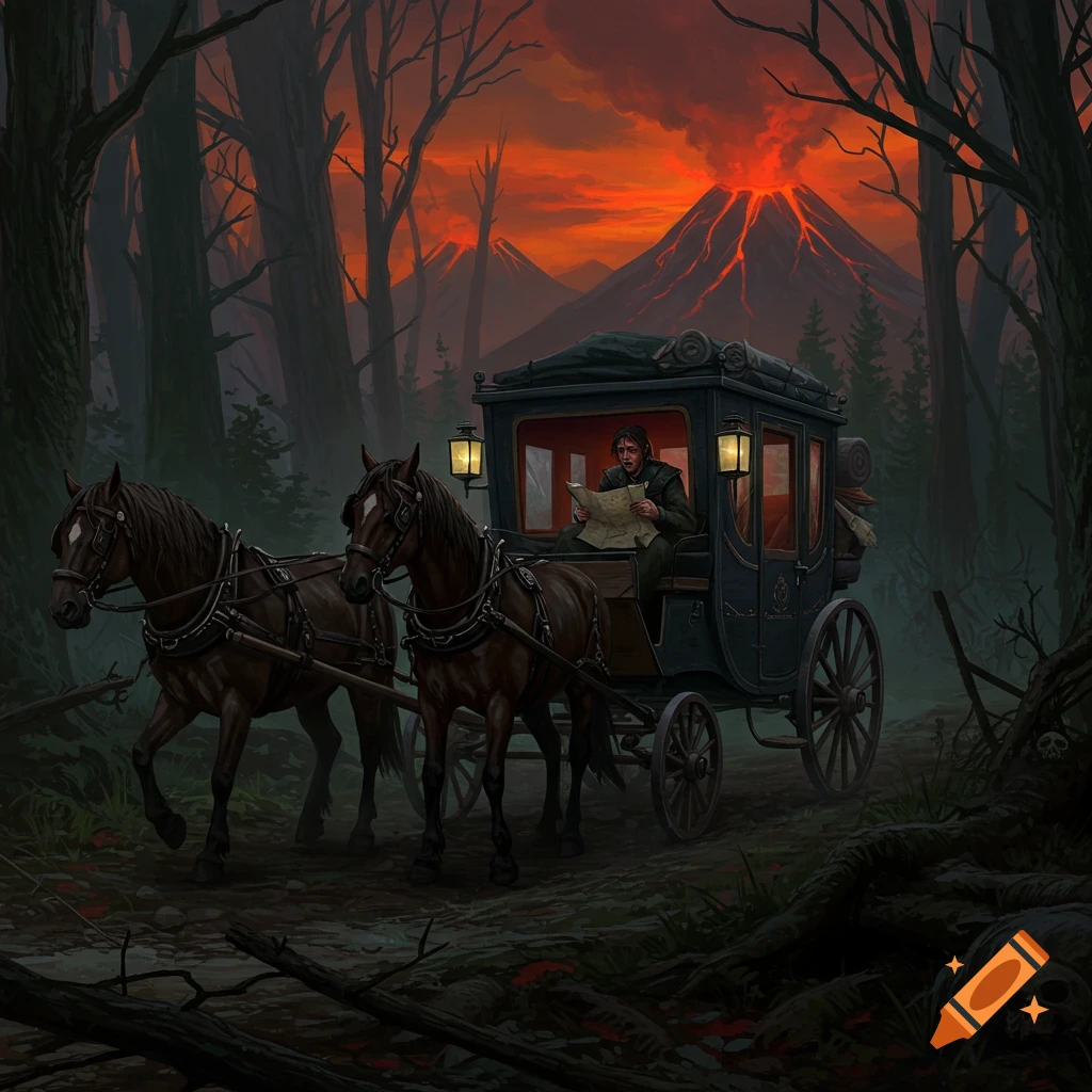 Horse-drawn coach travels through woods illuminated by volcanoes on Craiyon