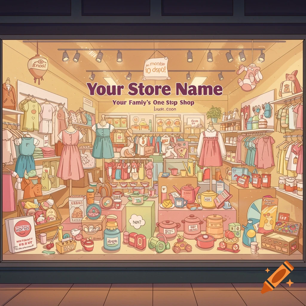 Store window painting design for clothing, baby items, cookware, home ...