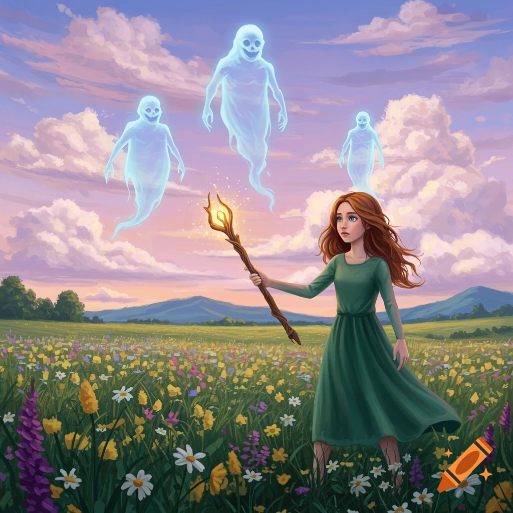 Teen girl with wand facing wraiths in a field on Craiyon