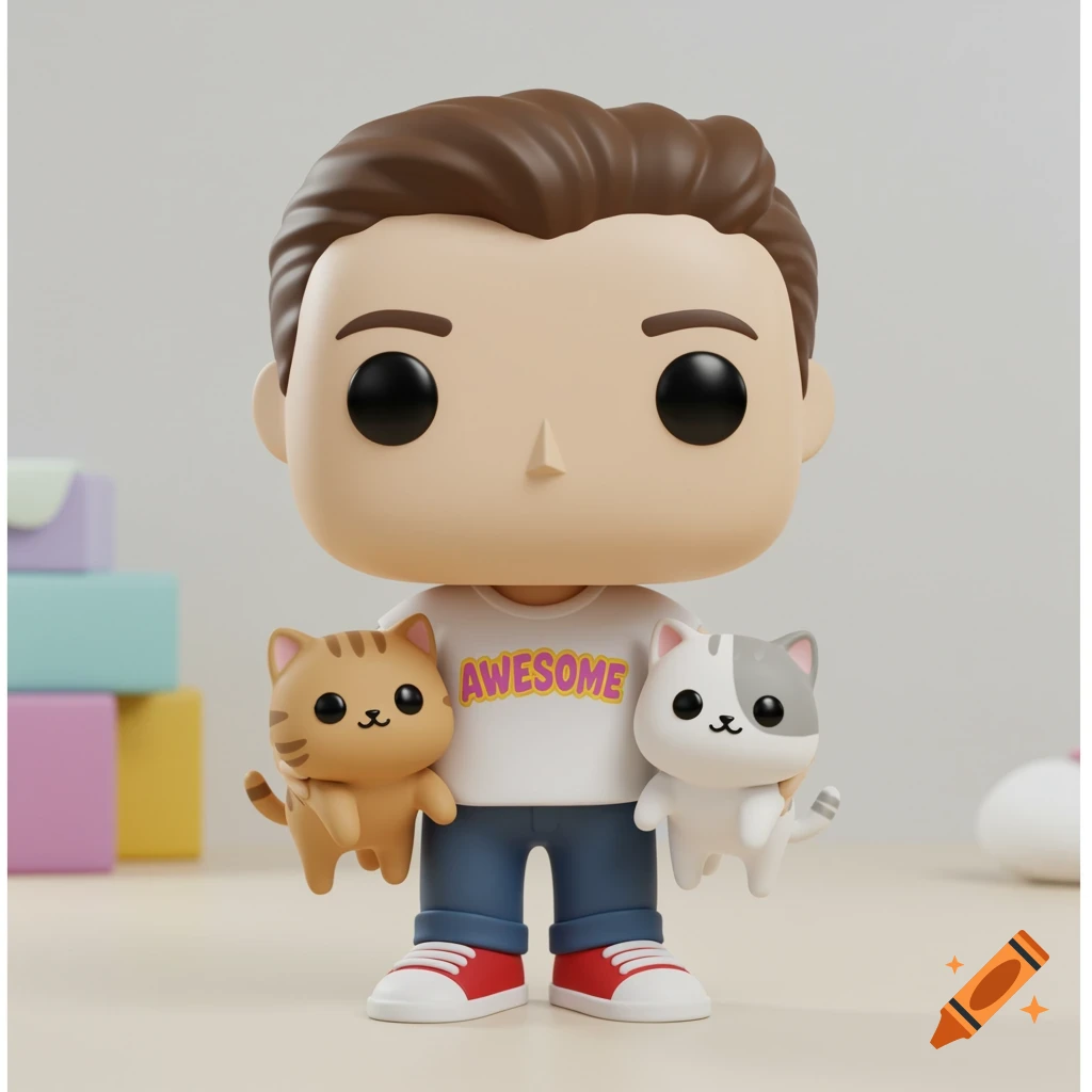 Funko Pop figure holding cats with a shirt that says "awesome" on Craiyon
