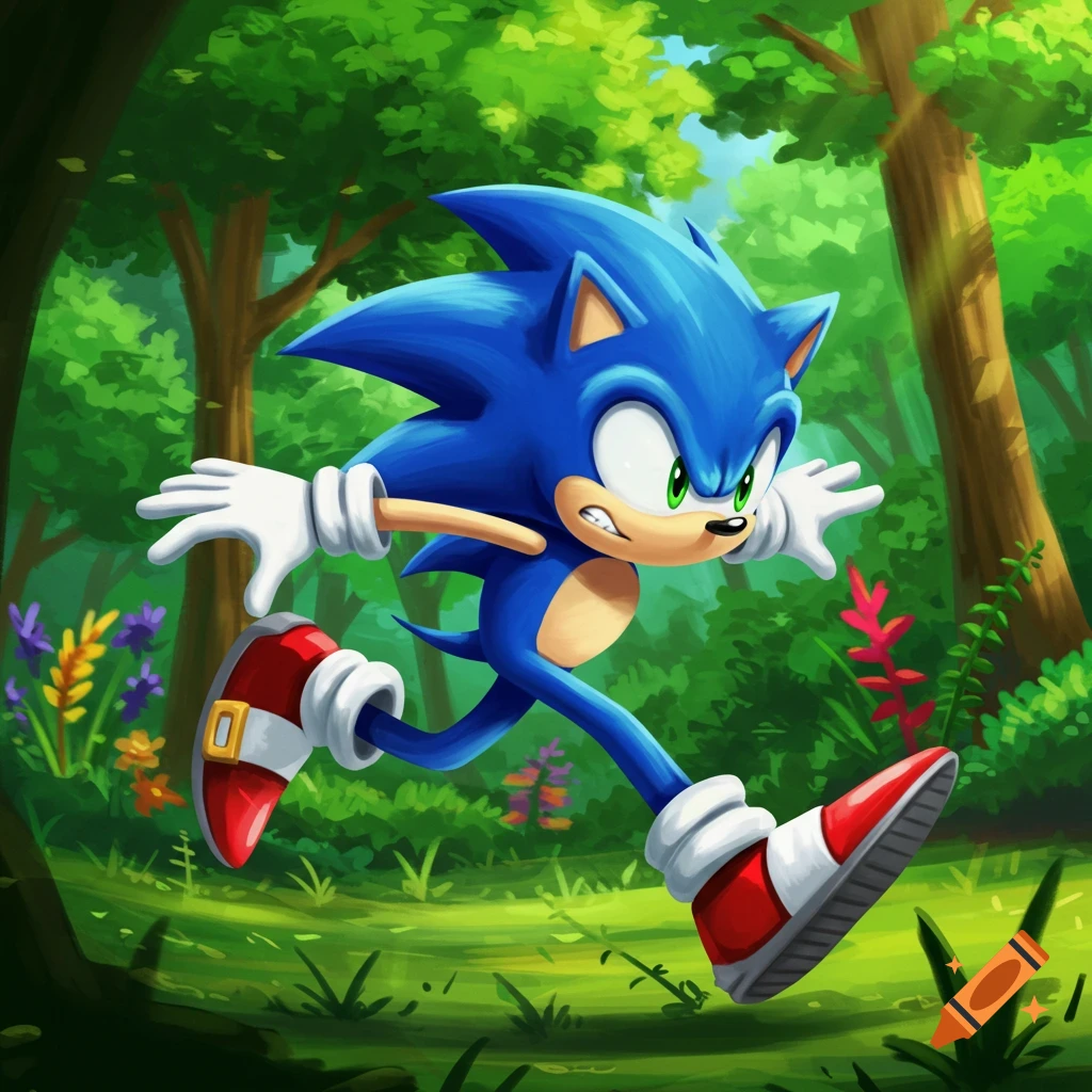 Sonic the Hedgehog running through a forest. on Craiyon