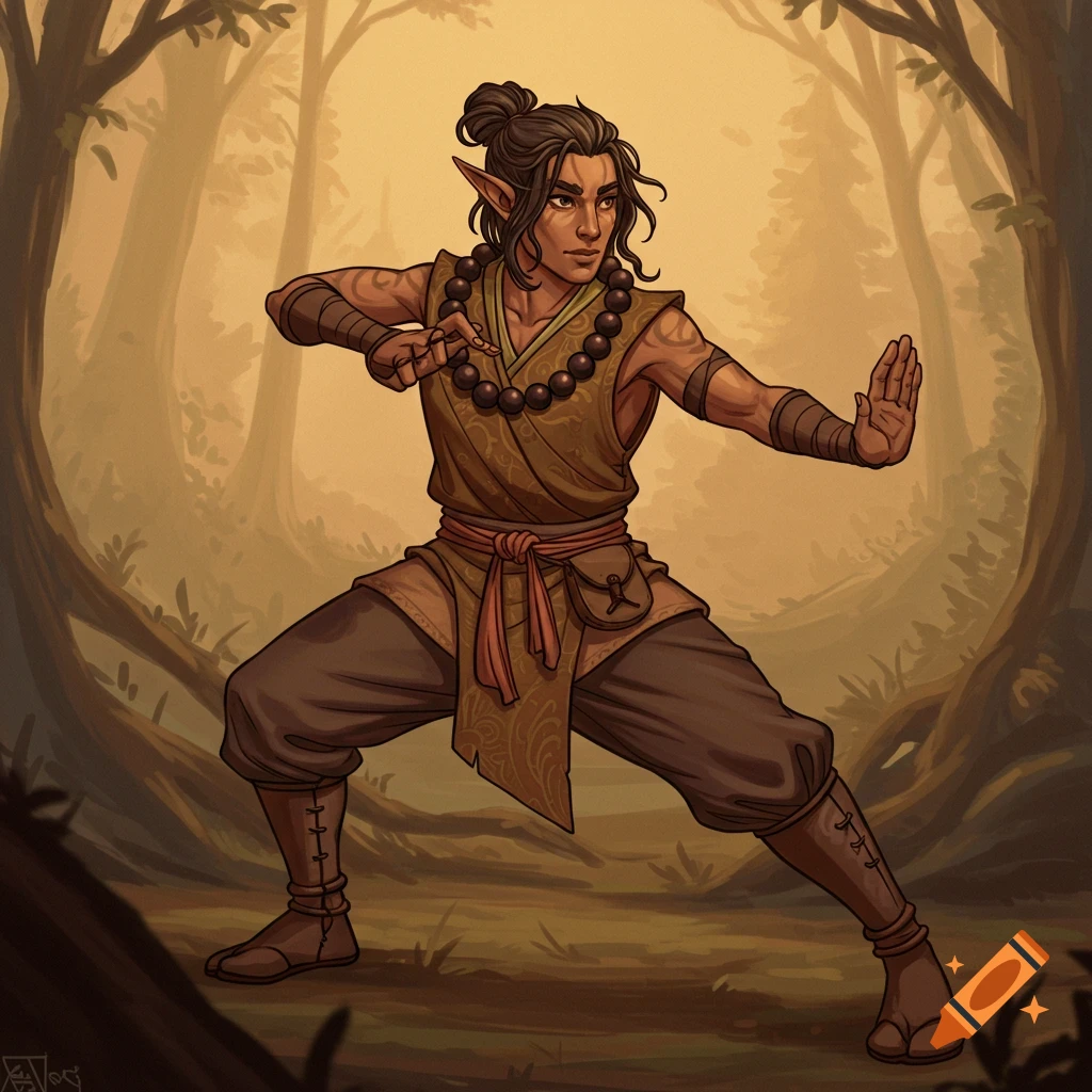 A half-elf monk in a martial arts stance in a forest. on Craiyon