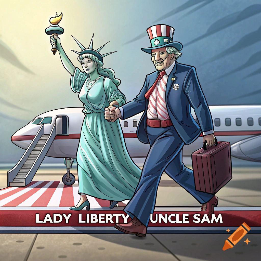 Political cartoon of handcuffed Lady Liberty and Uncle Sam with Trump ...