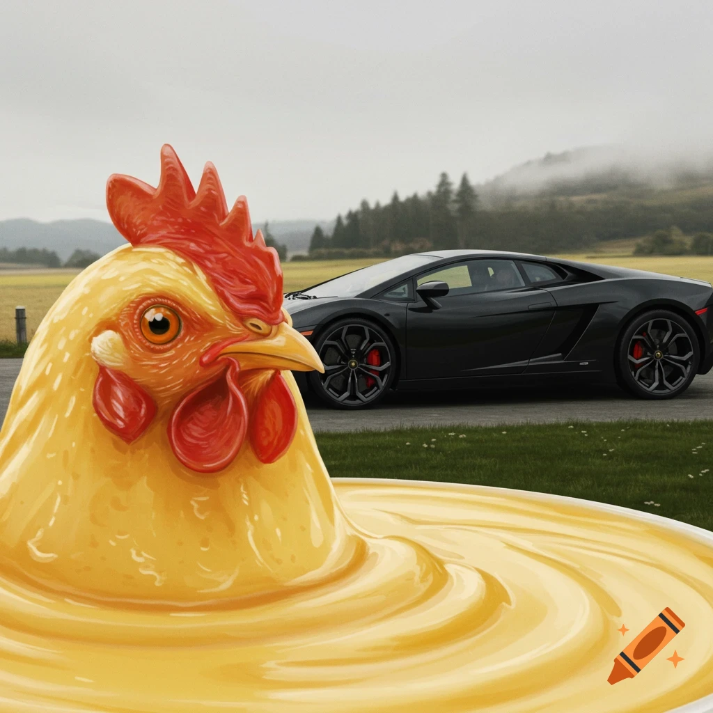 Chicken head made of custard on a Lamborghini, surreal AI art on Craiyon
