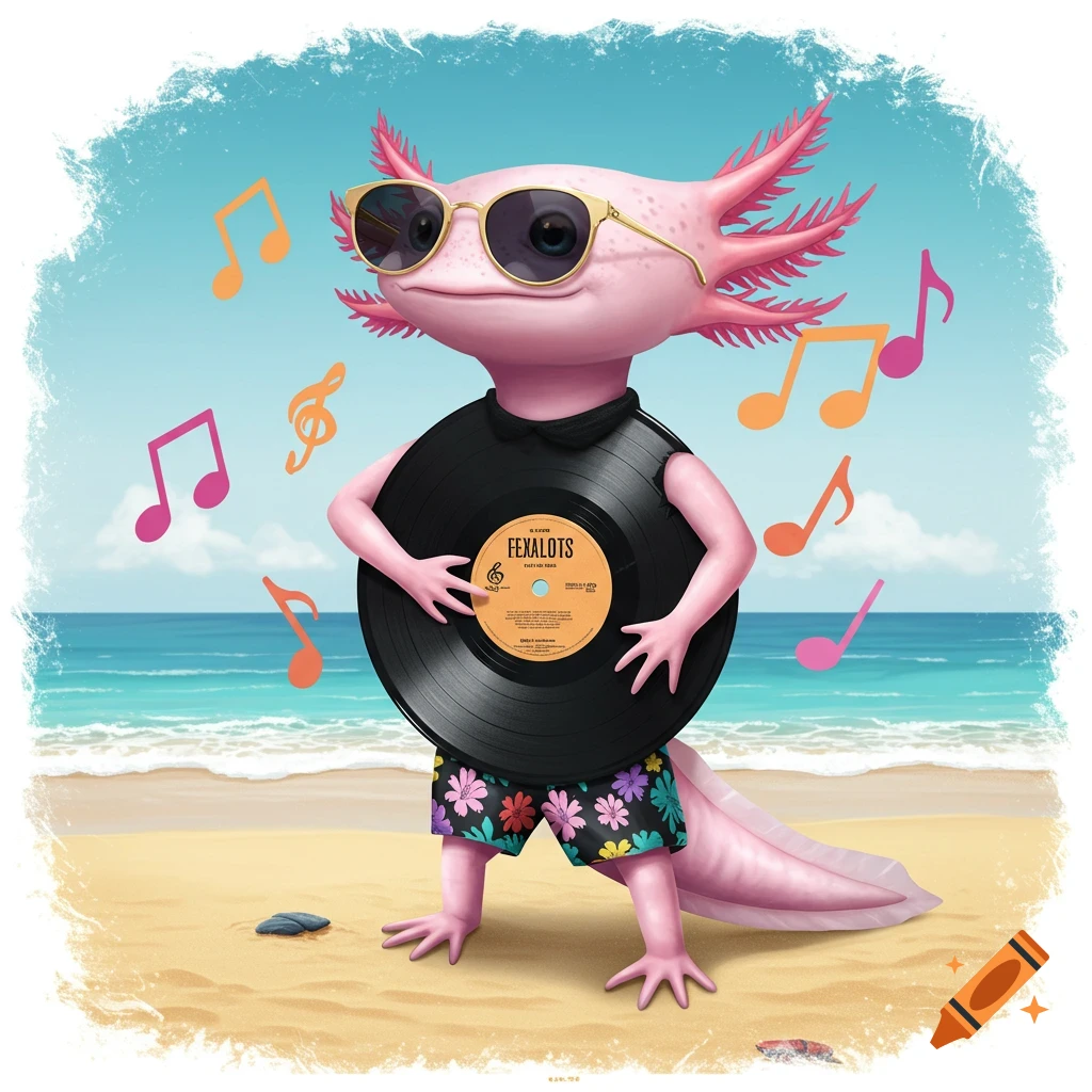 Cartoon axolotl in sunglasses and shorts holding a vinyl record on a ...