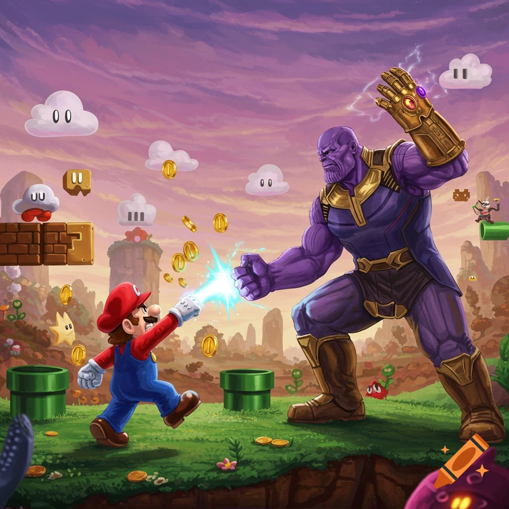 Mario fighting Thanos on Craiyon