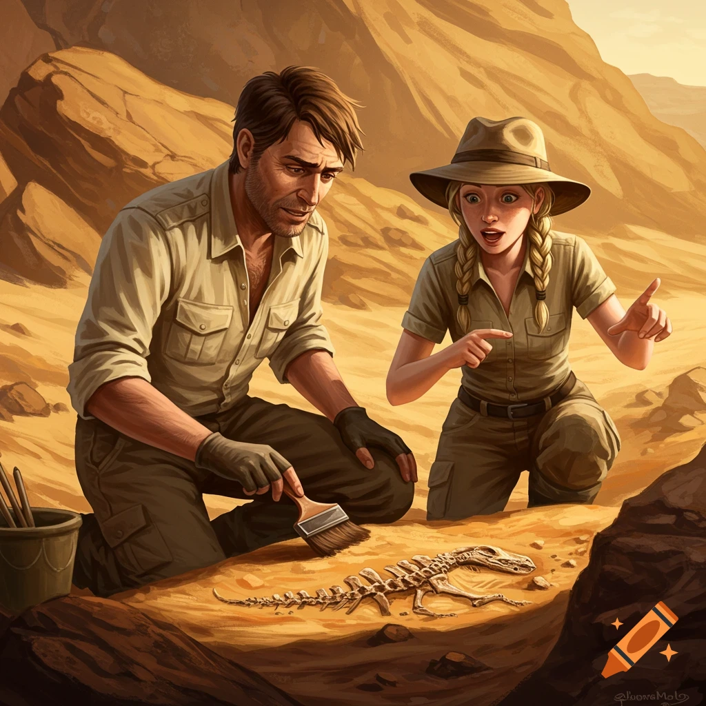 Two paleontologists examining a fossil in the field on Craiyon