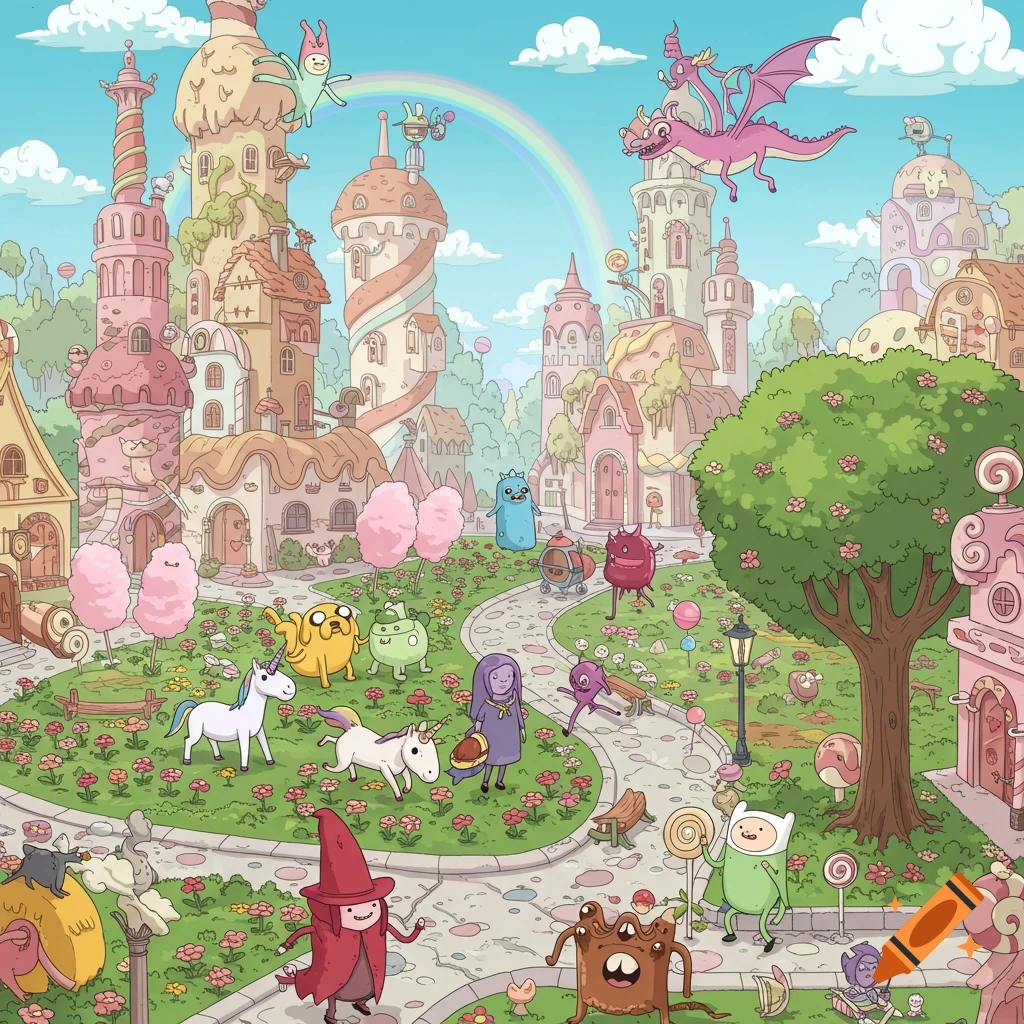 Happy city with mystical creatures in Adventure Time style on Craiyon