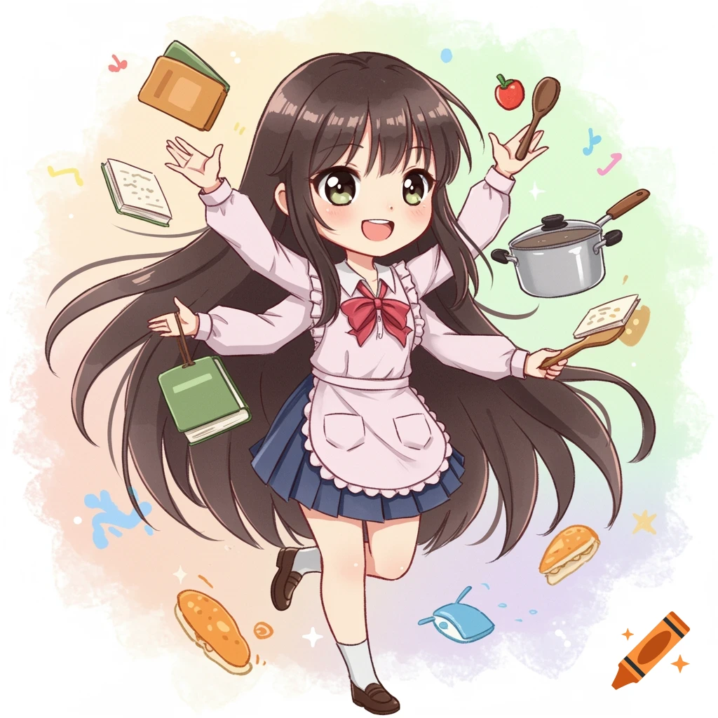 Cute chibi anime girl juggling school books and cooking items like a ...