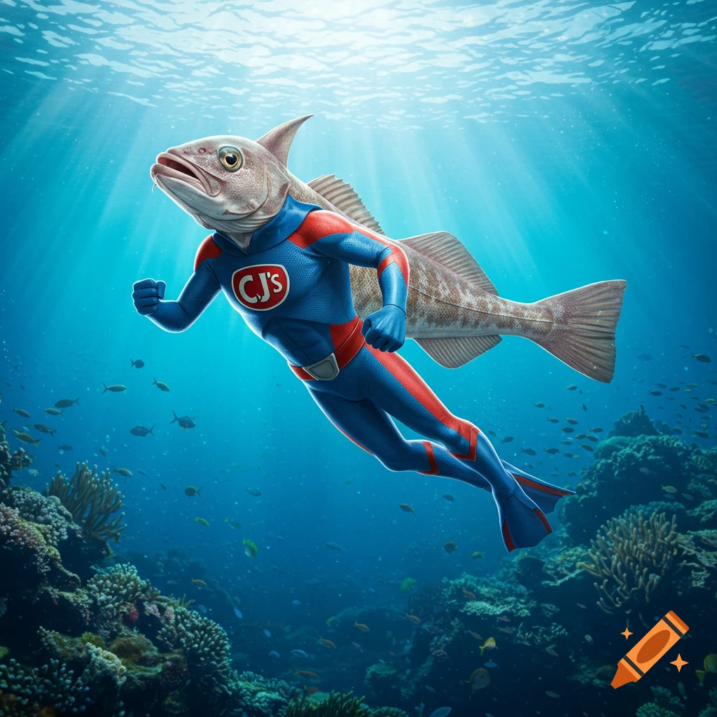 Superhero haddock with CJ's logo underwater on Craiyon