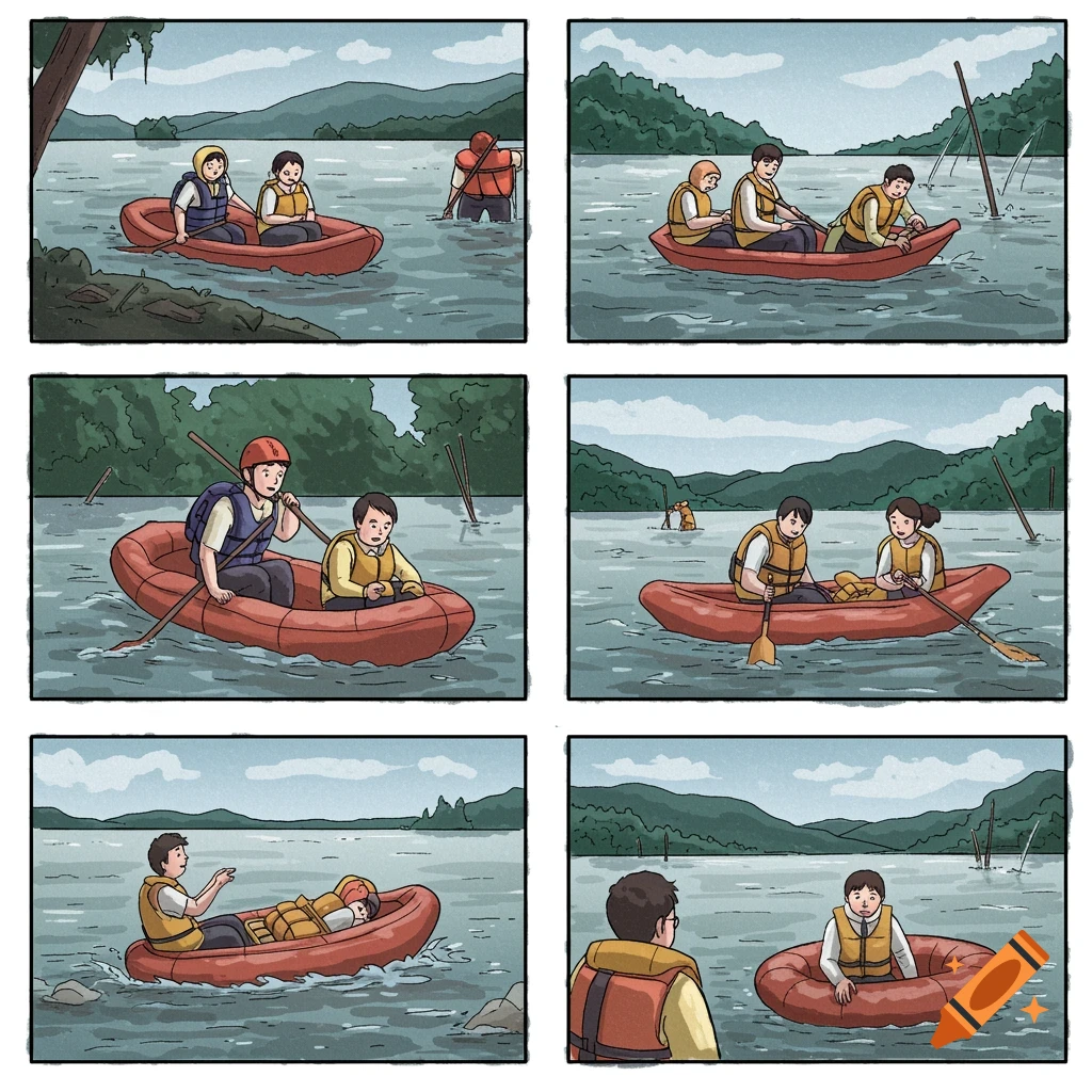 Cartoon panels depicting flood rescue on Craiyon