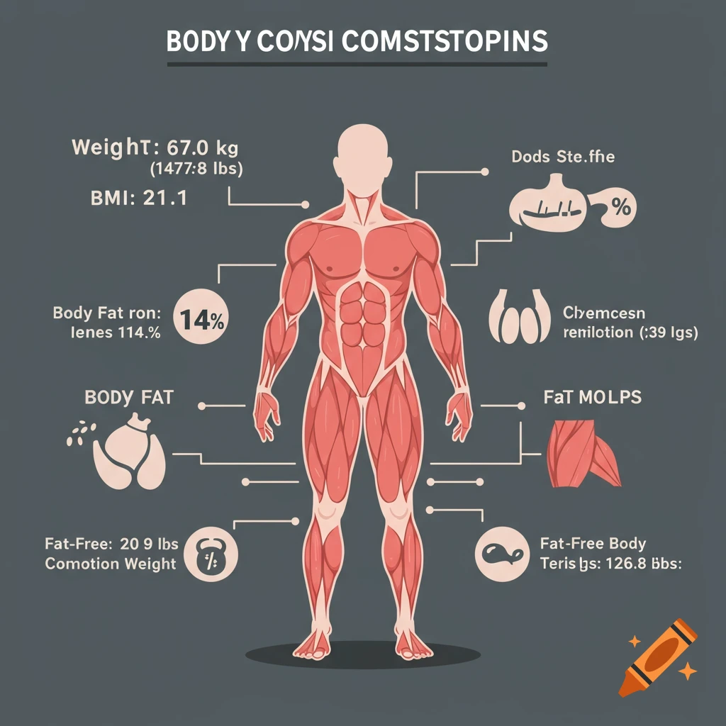 Body composition infographic with silhouette, weight, BMI, body fat ...
