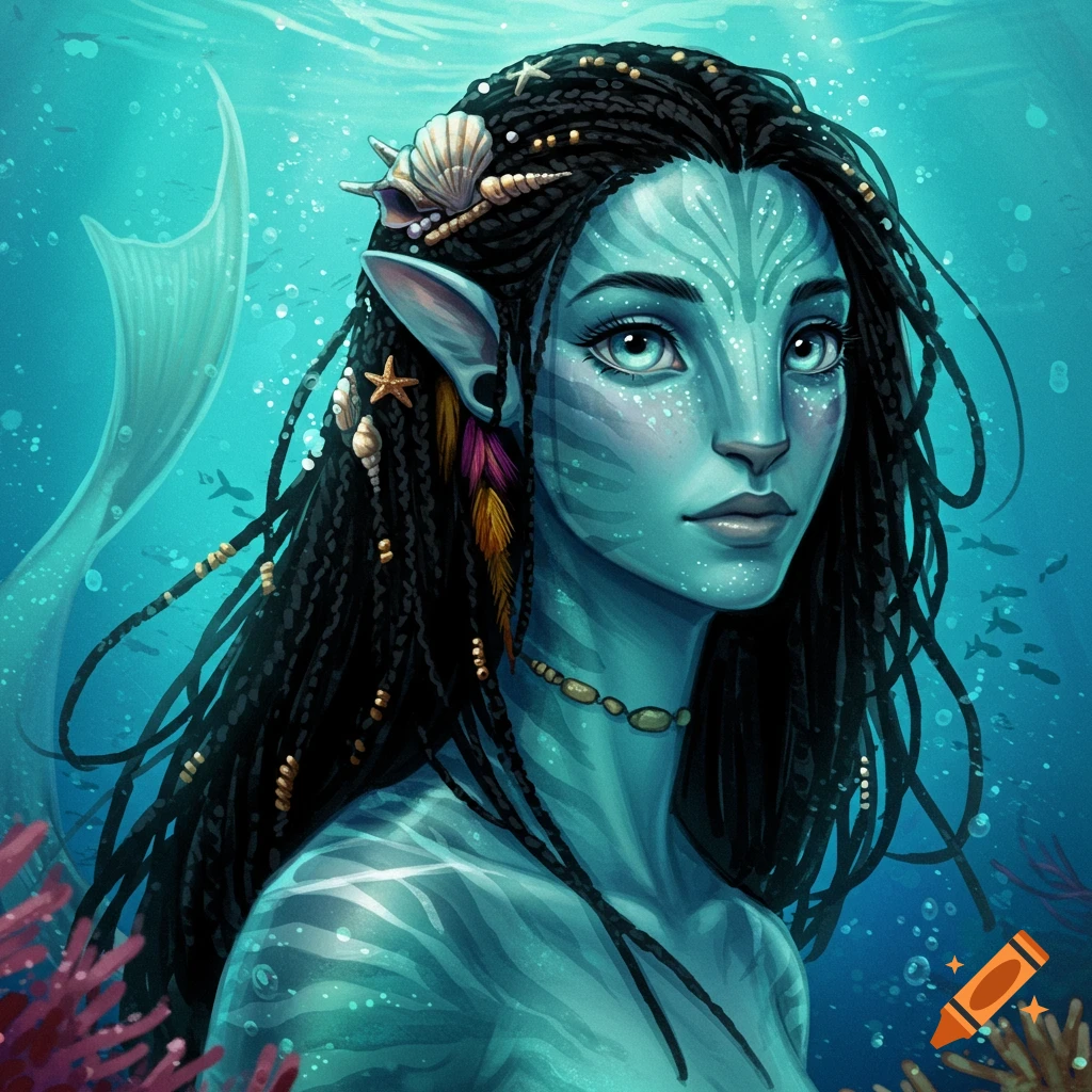Blue-skinned fantasy female (Na'vi) underwater with braided hair ...