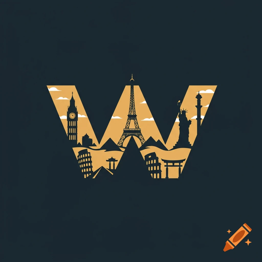 Silhouettes of world landmarks forming a yellow capital letter W ...