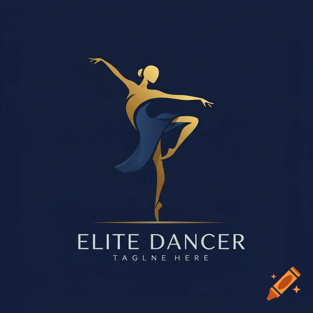 Logo featuring a gold dancer silhouette on a dark blue background with ...