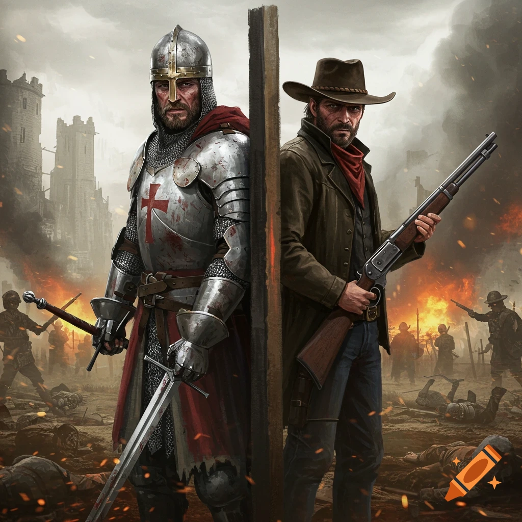 Knight and cowboy on a battlefield, back to back on Craiyon