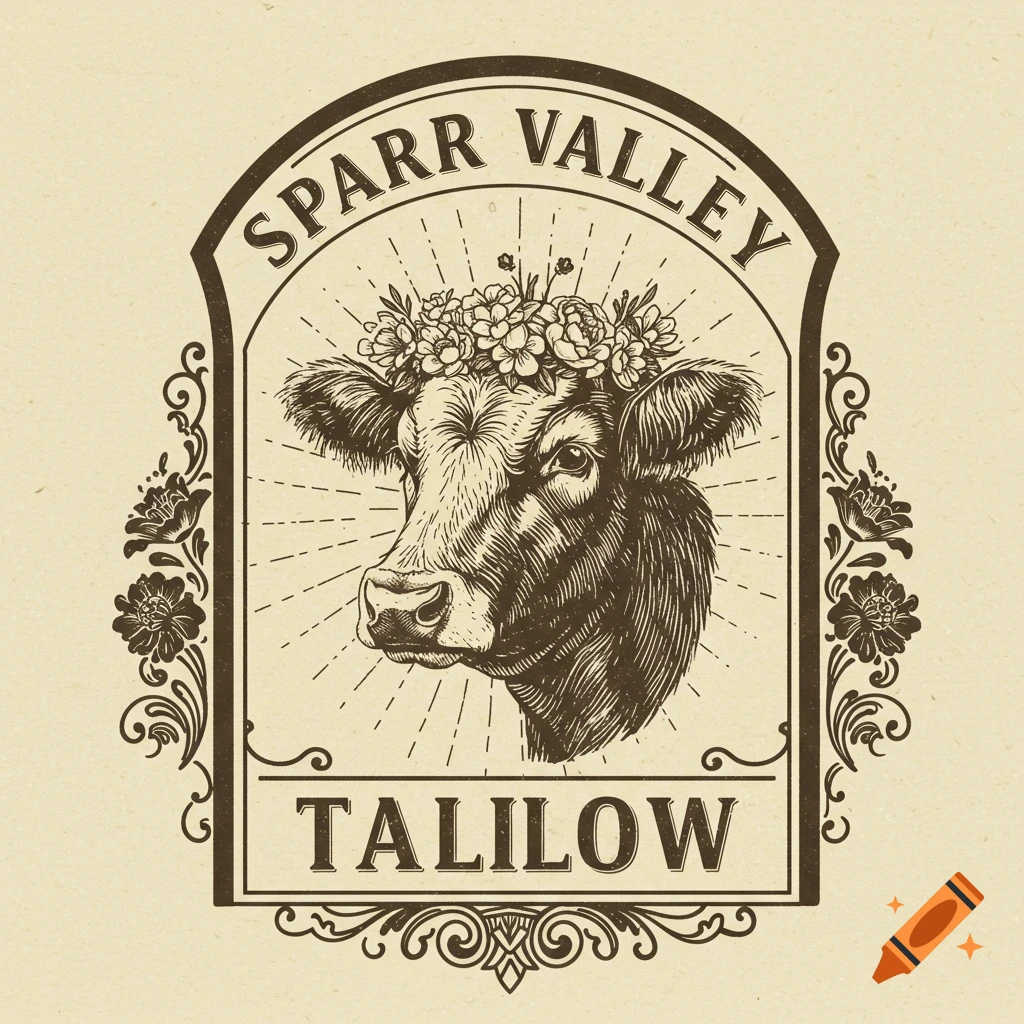 Sparr Valley Tallow logo with dexter cow in floral crown, retro flowers ...