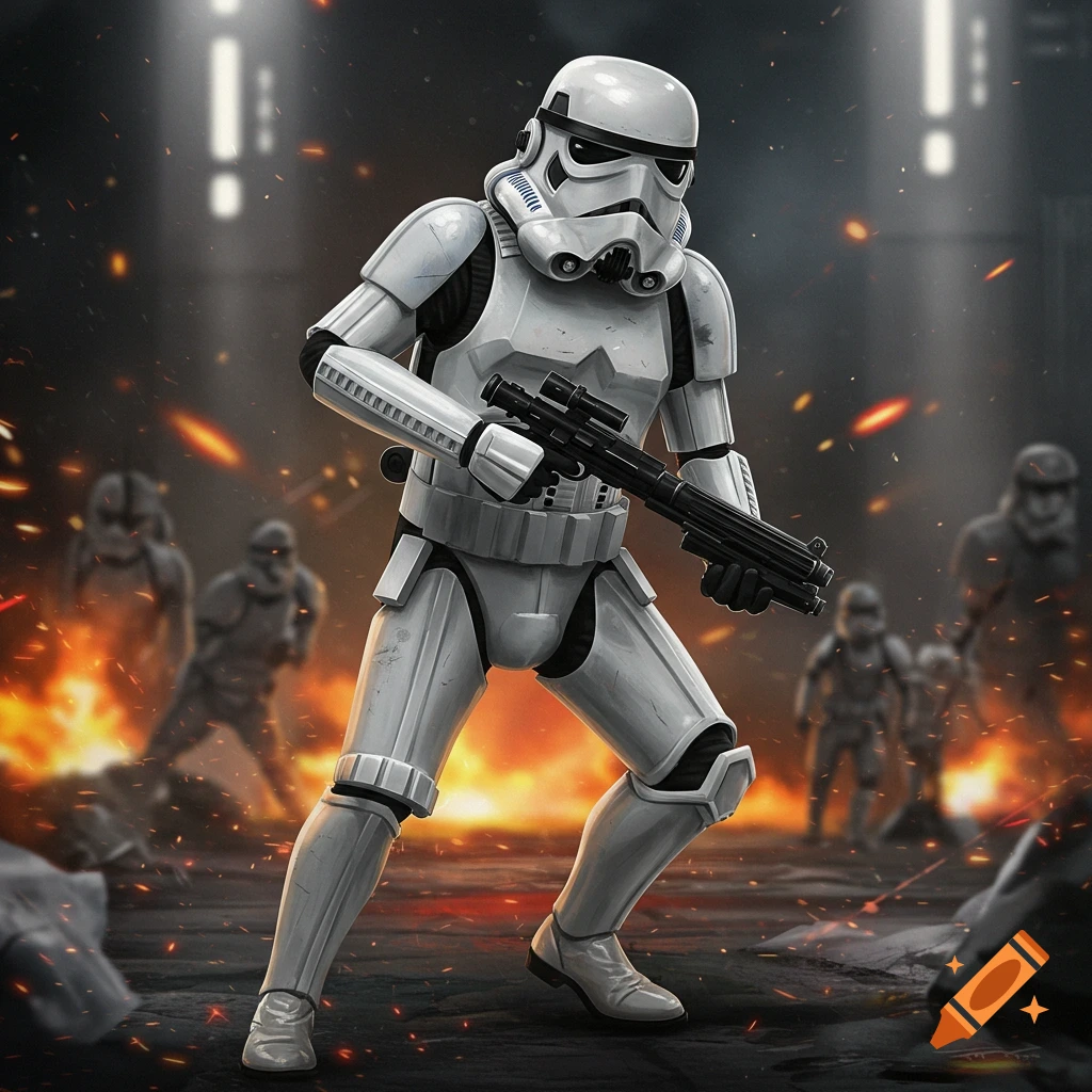 A clone trooper fires a blaster, with a Jedi holding a blue lightsaber ...