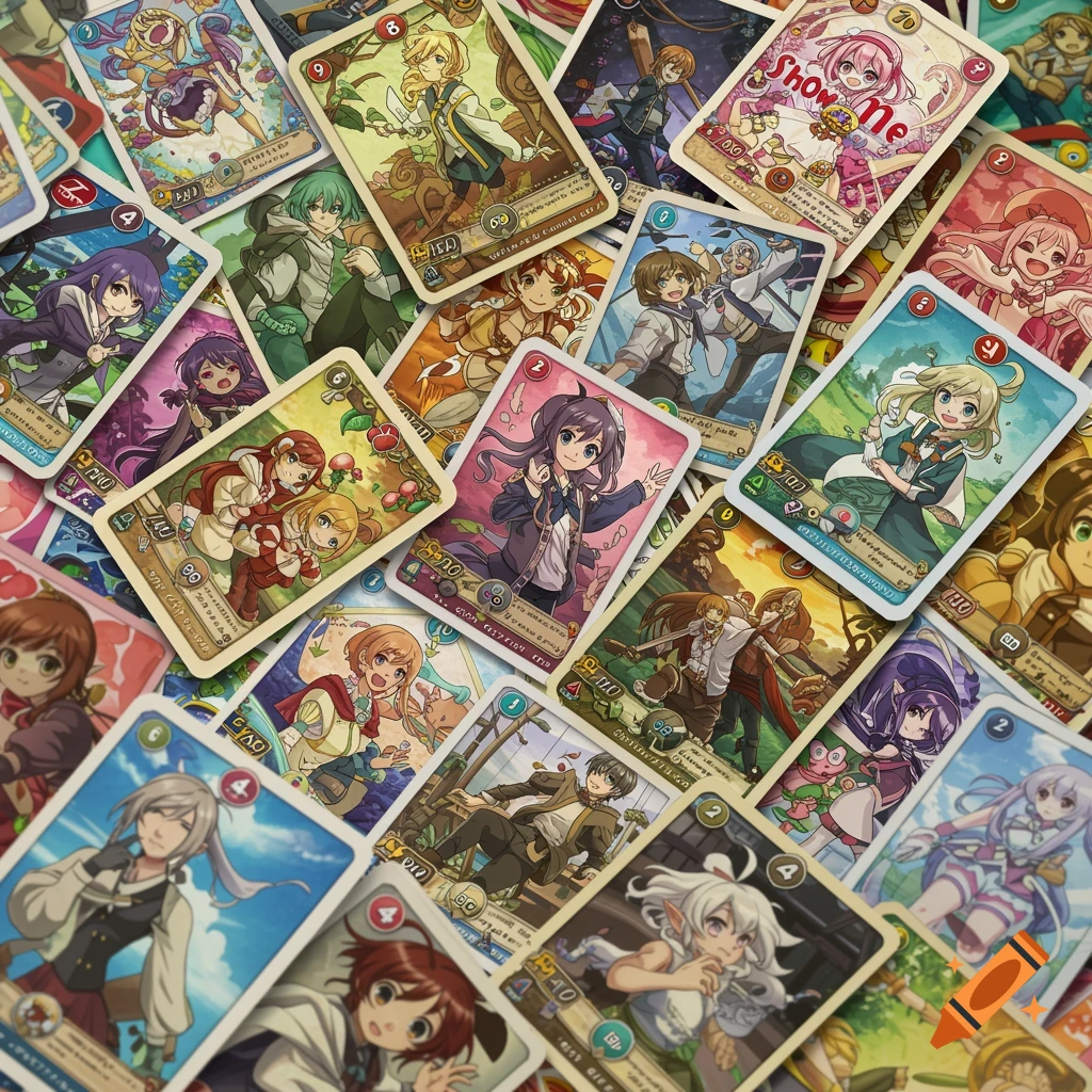A close-up image of a pile of colorful anime-style trading cards ...