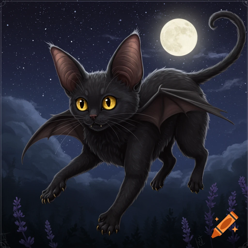 A black cat with bat wings sits on a gargoyle overlooking a gothic ...