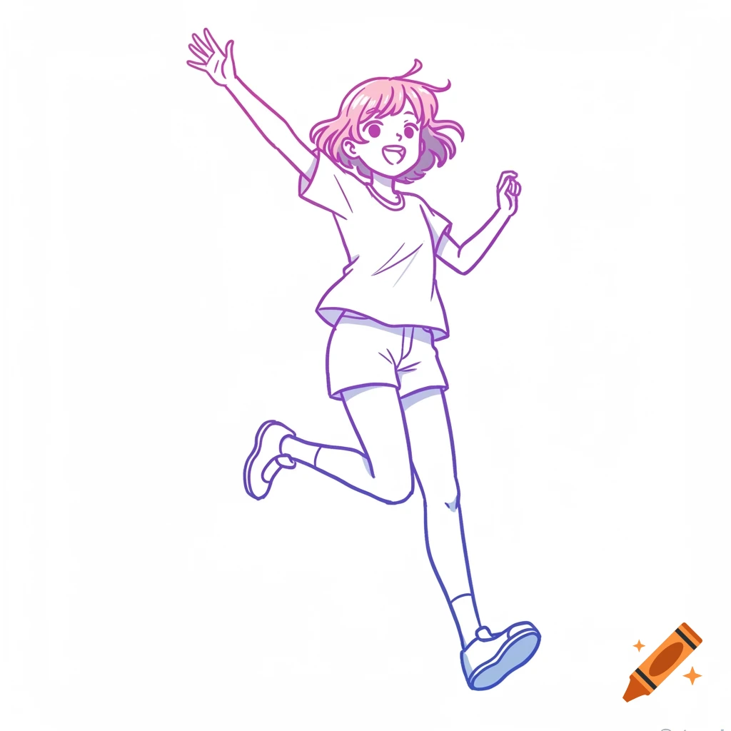 An anime style illustration of a girl with pink hair jumping and waving ...