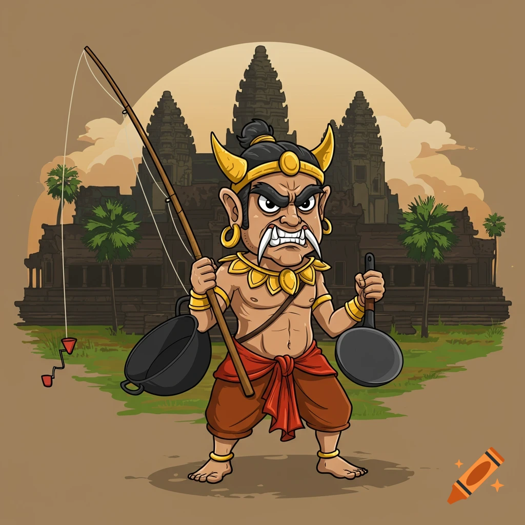 Cartoon angry spirit warrior with fishing pole and wok in front of ...