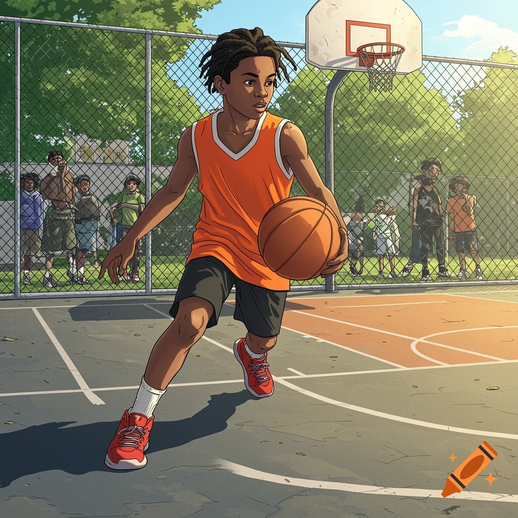 A young person with braces dribbling a basketball on an outdoor court ...