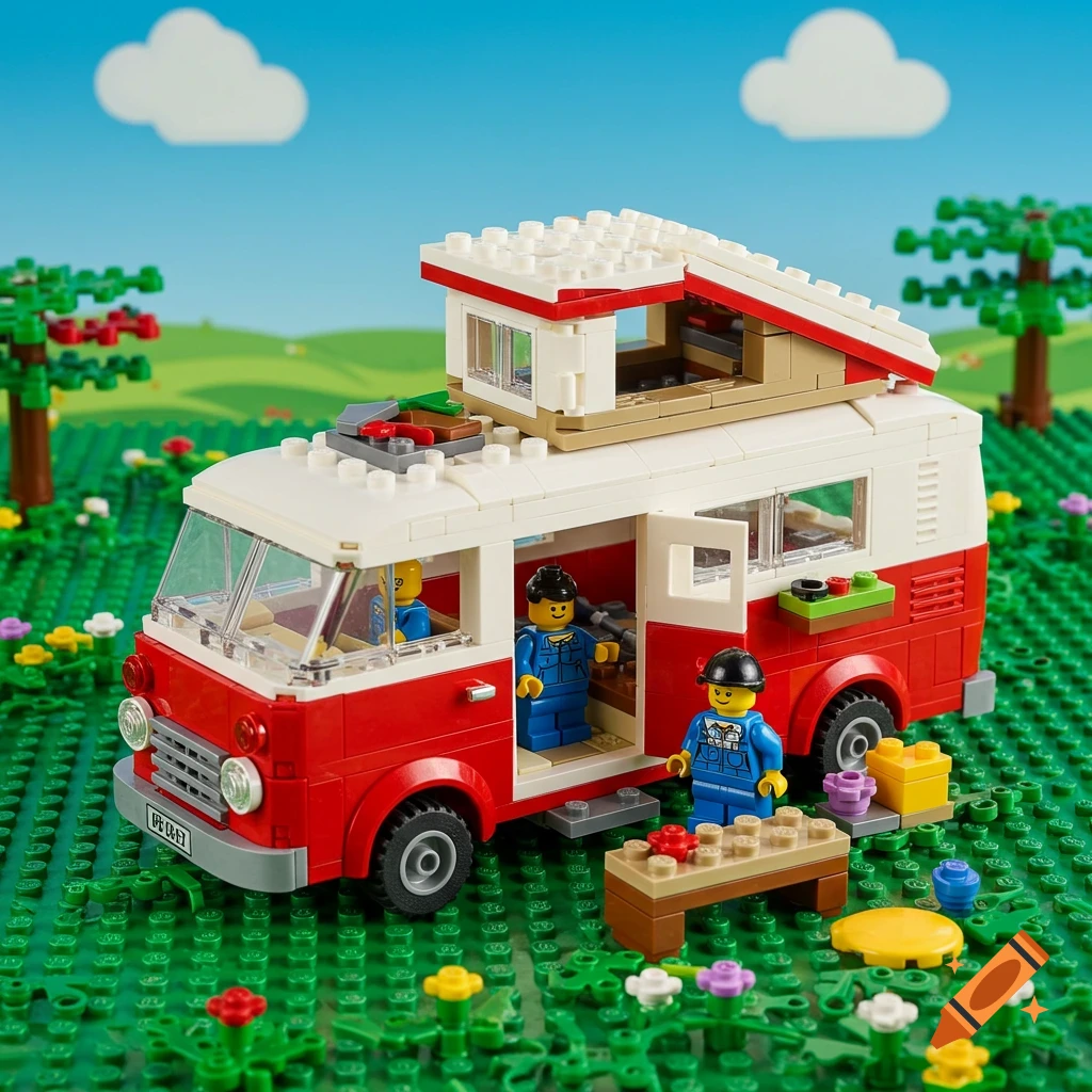 A Lego camper van with minifigures parked in a grassy landscape. on Craiyon