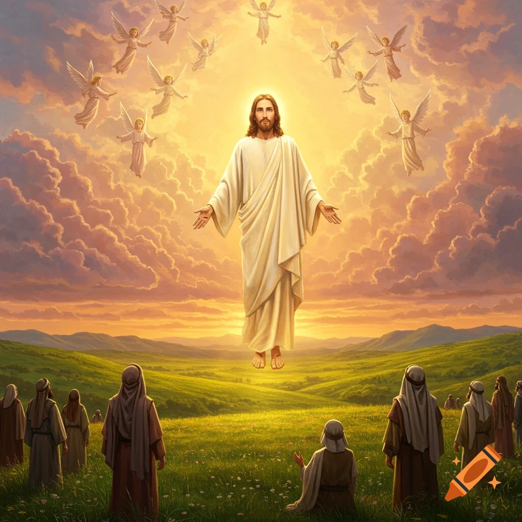 Jesus ascending into the sky with angels and people watching from below ...