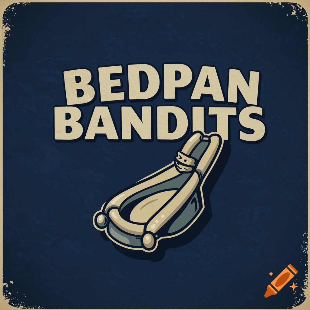 A vintage style illustration with text 'Bedpan Bandits' and a cartoon ...