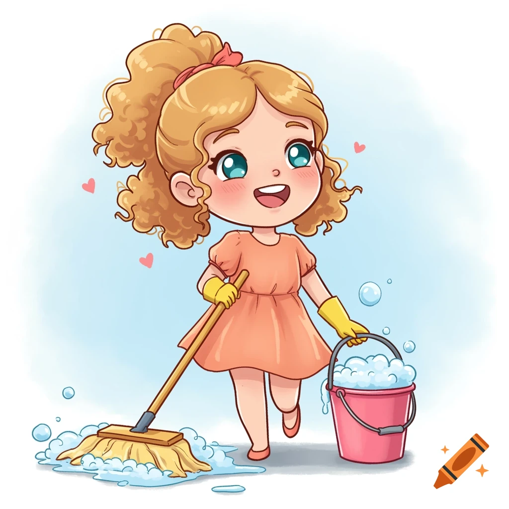 Cute cartoon girl peach mopping floor with bubbles on Craiyon