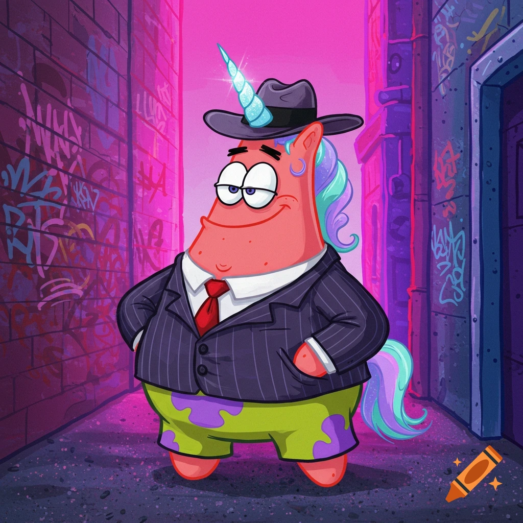 Cartoon character Patrick Star dressed as a gangster unicorn in a ...