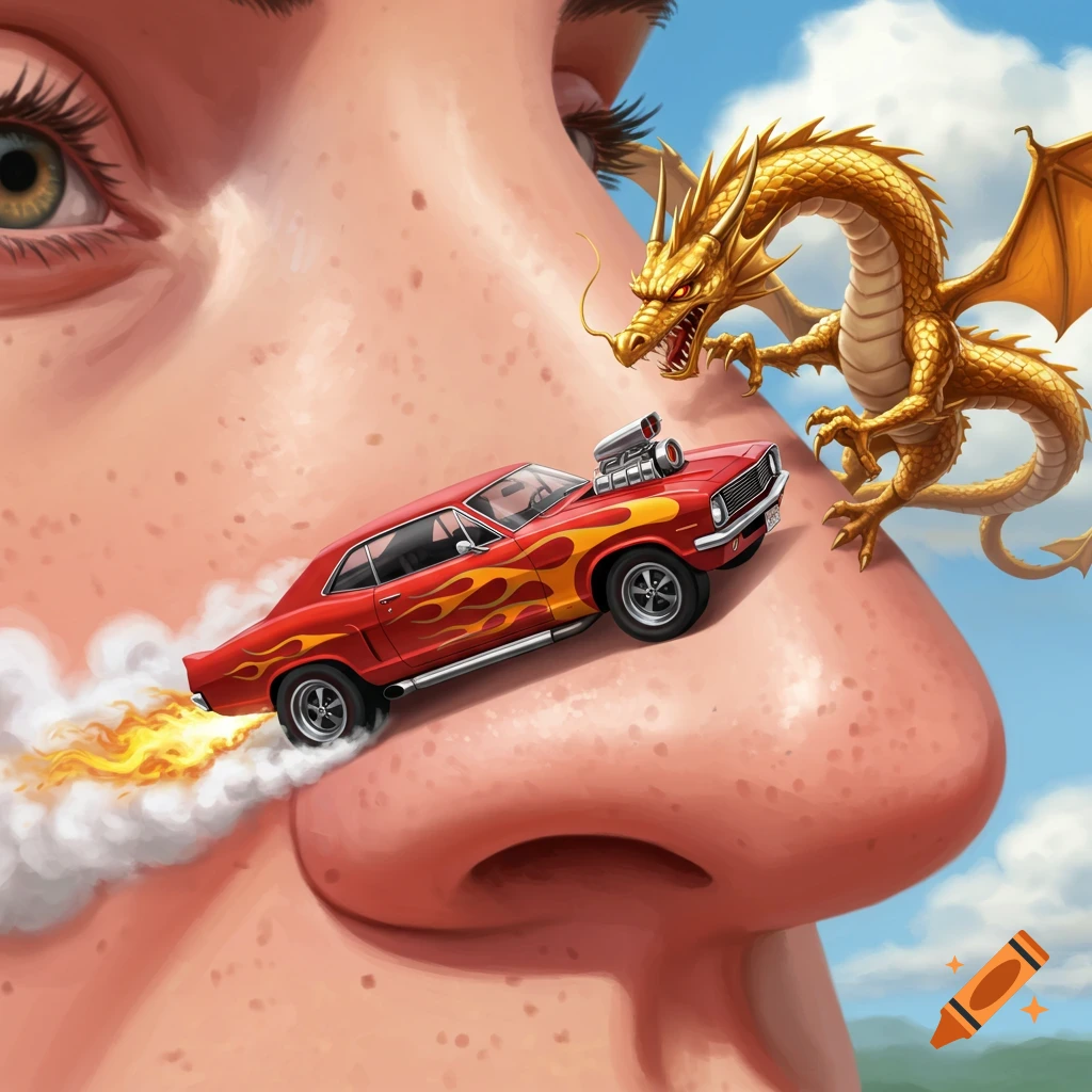 A red hot rod racing down a giant nose towards a golden dragon. on Craiyon