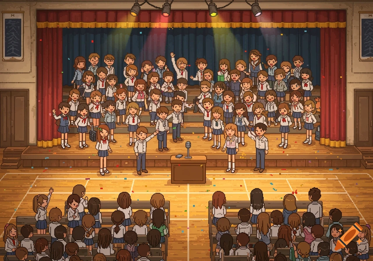 Pixel art of many students on a stage and in bleachers in a school gym ...
