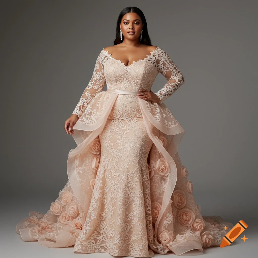 Plus size model wearing champagne sweetheart fit and flare gown with ...