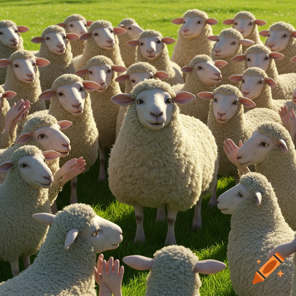Vibrant sheep gathering with a central proud sheep on Craiyon