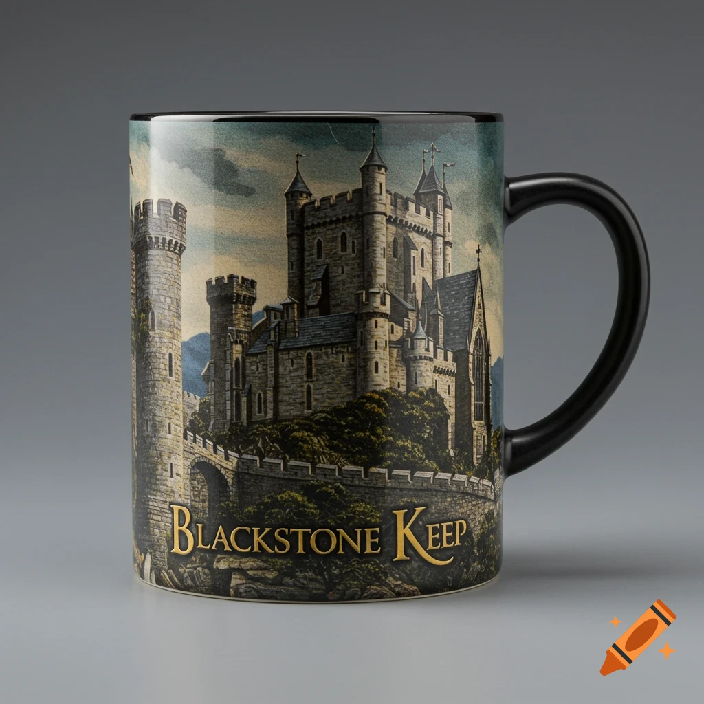 Coffee mug with stone castle picture and the words BLACKSTONE KEEP on ...