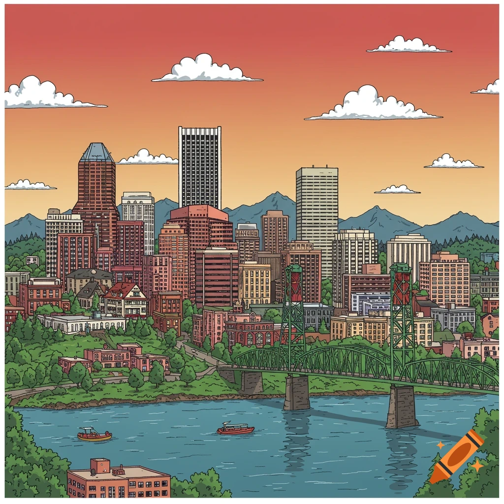 A cartoon illustration of a cityscape with a bridge over a river. on ...