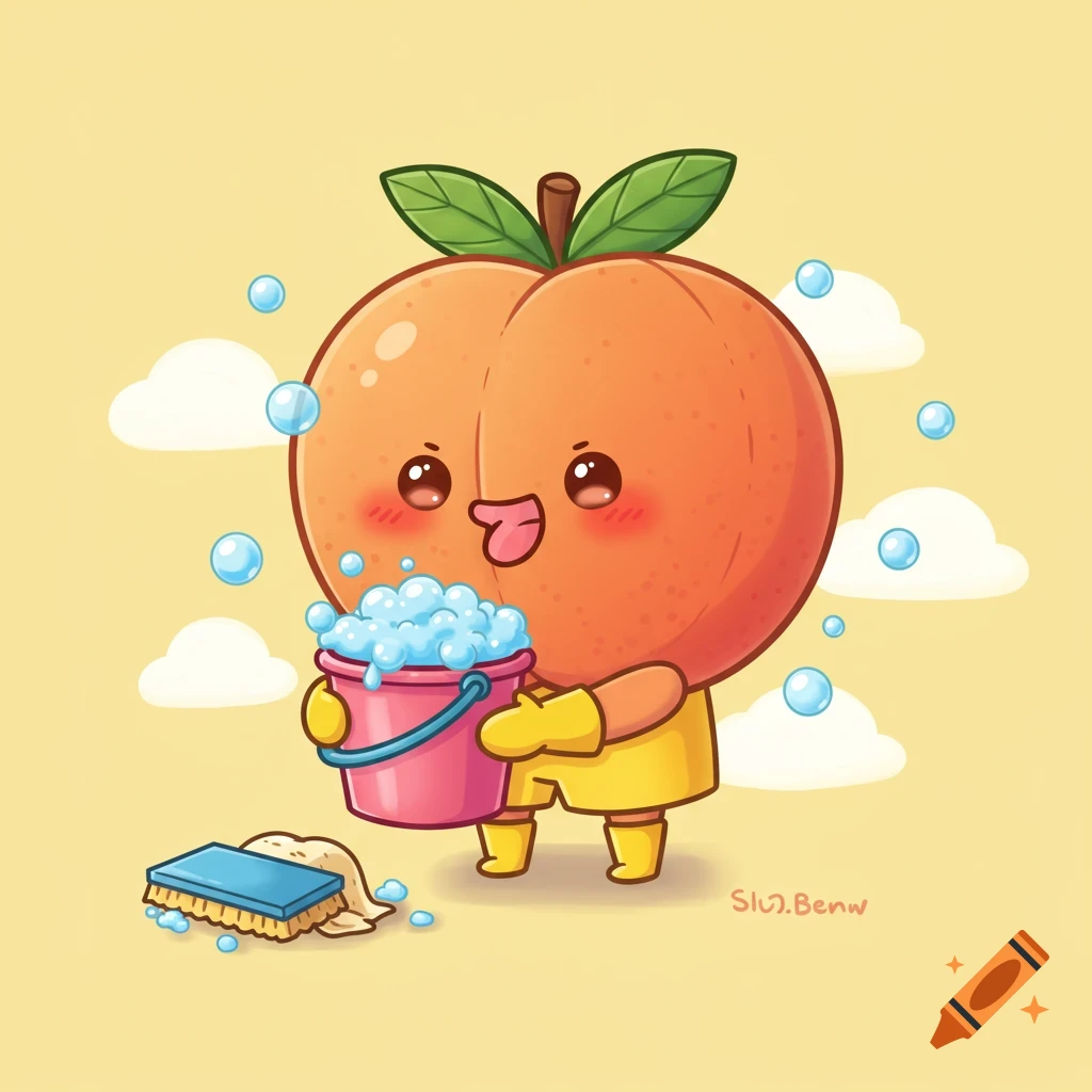 Cute cartoon peach with bubbles and a mop on Craiyon