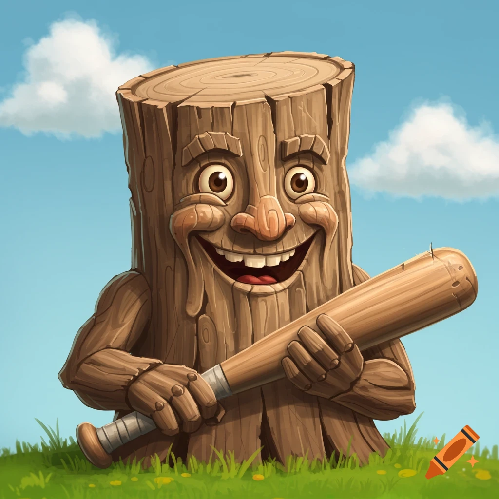 Smiling wooden log character holding a baseball bat in a field. on Craiyon