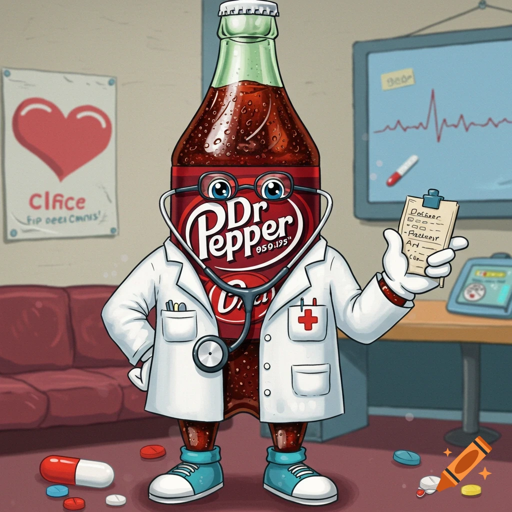 Cartoon Dr Pepper bottle dressed as a doctor holds a clipboard in a medical room with pills. on ...