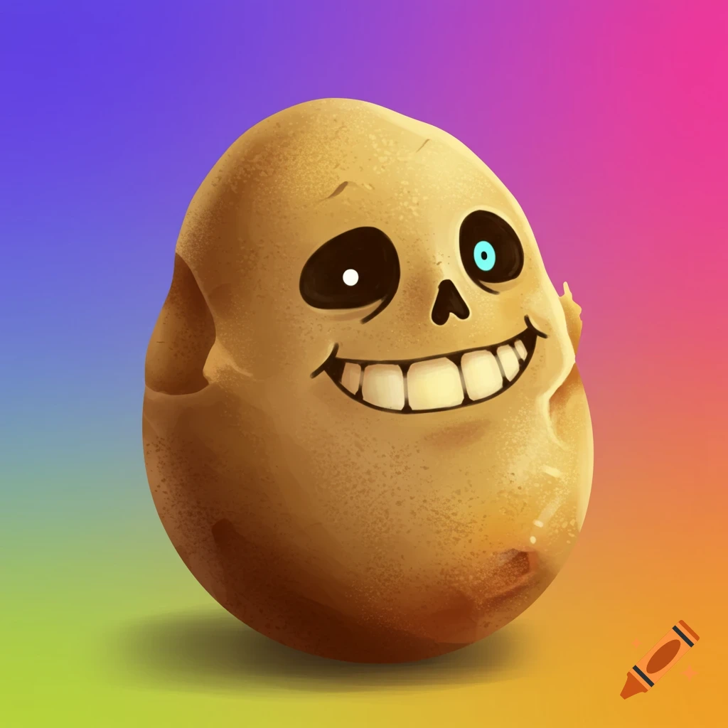 A potato character with a skull face, glowing blue eye, and grin ...
