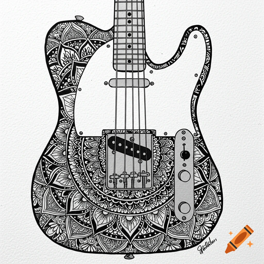 Detailed black and white mandala in Telecaster guitar shape on Craiyon