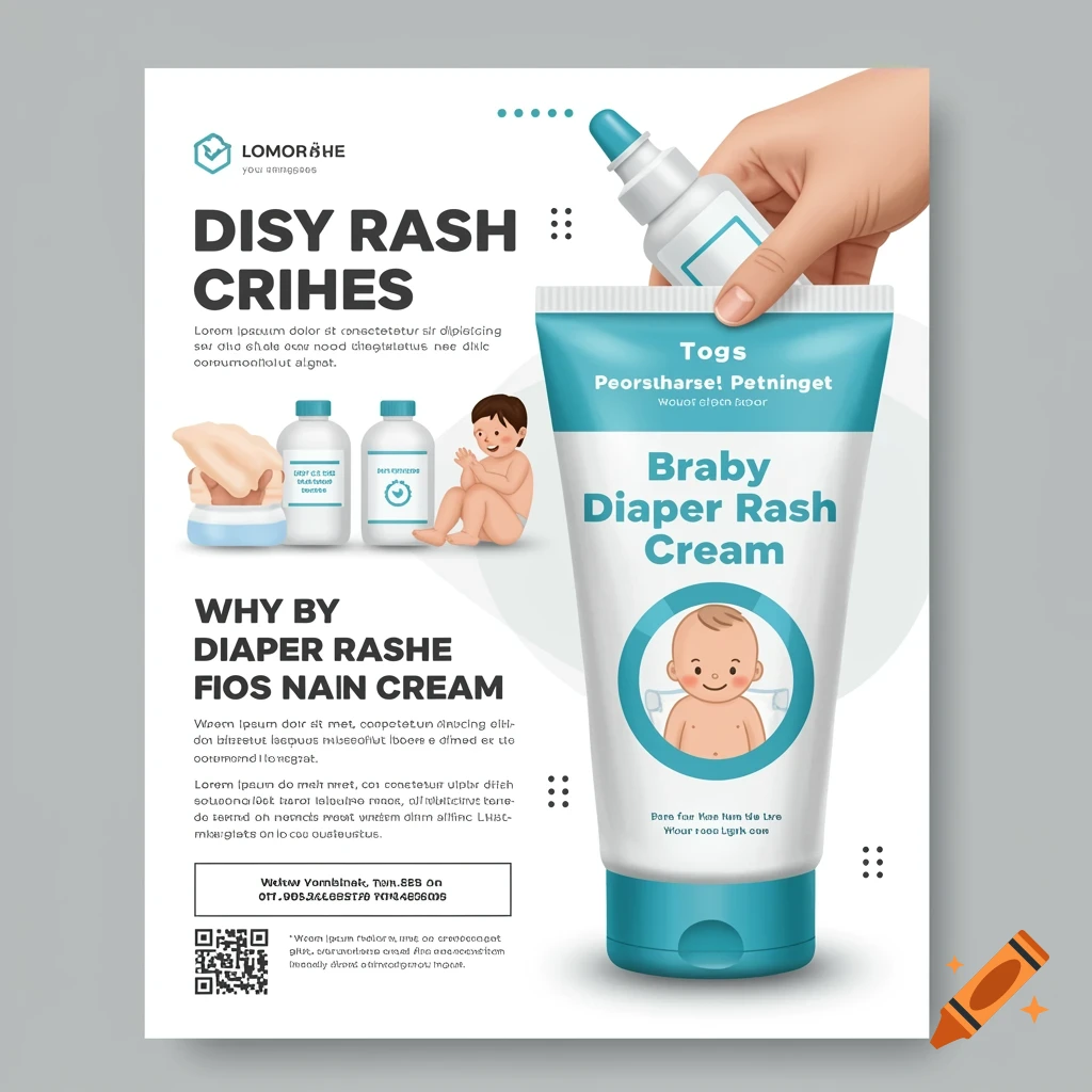Cartoon flyer for diaper rash cream with statistics on Craiyon