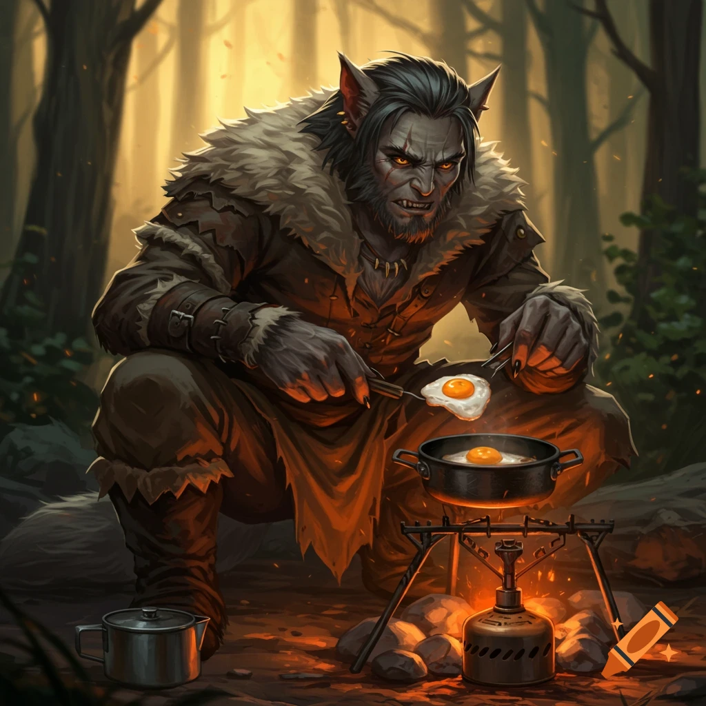 Werewolf man cooking an egg on Craiyon